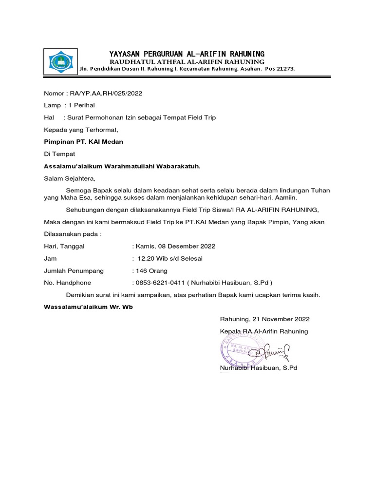 Surat Field Trip Kereta API | PDF