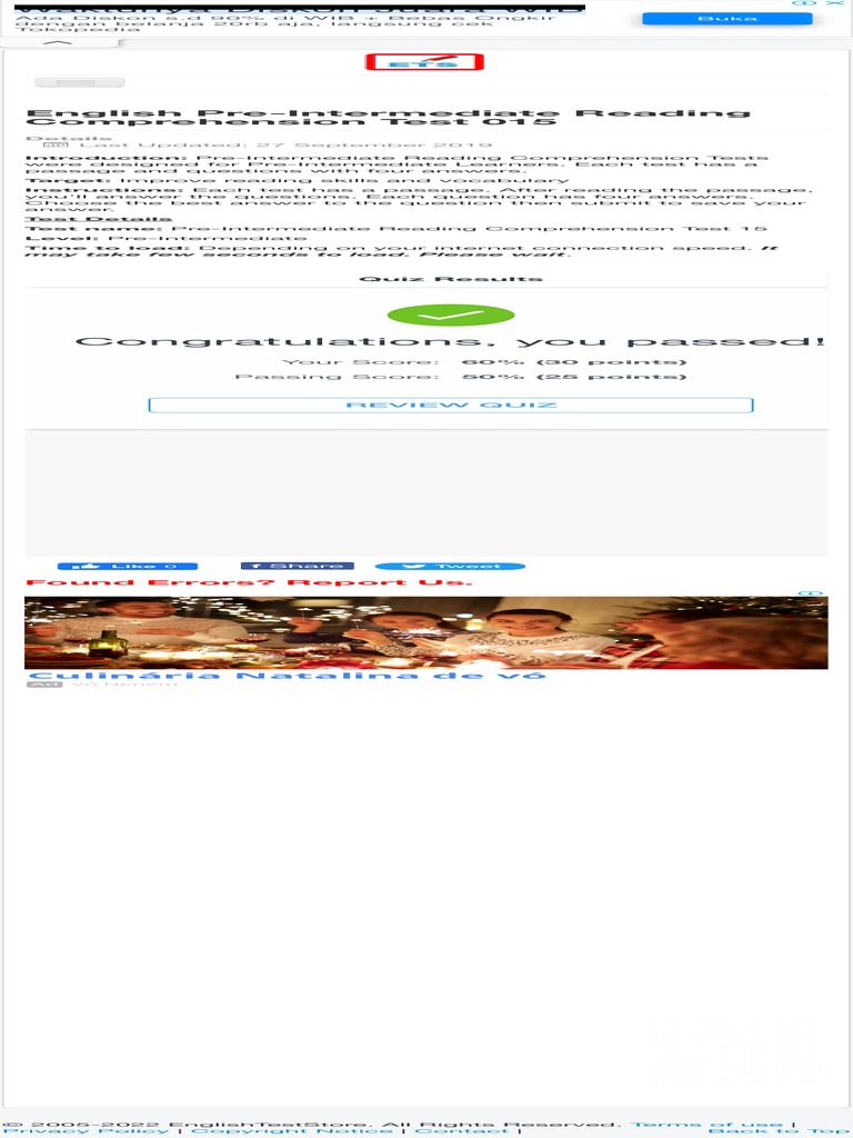 English Pre-Intermediate Reading Comprehension Test 015 | PDF