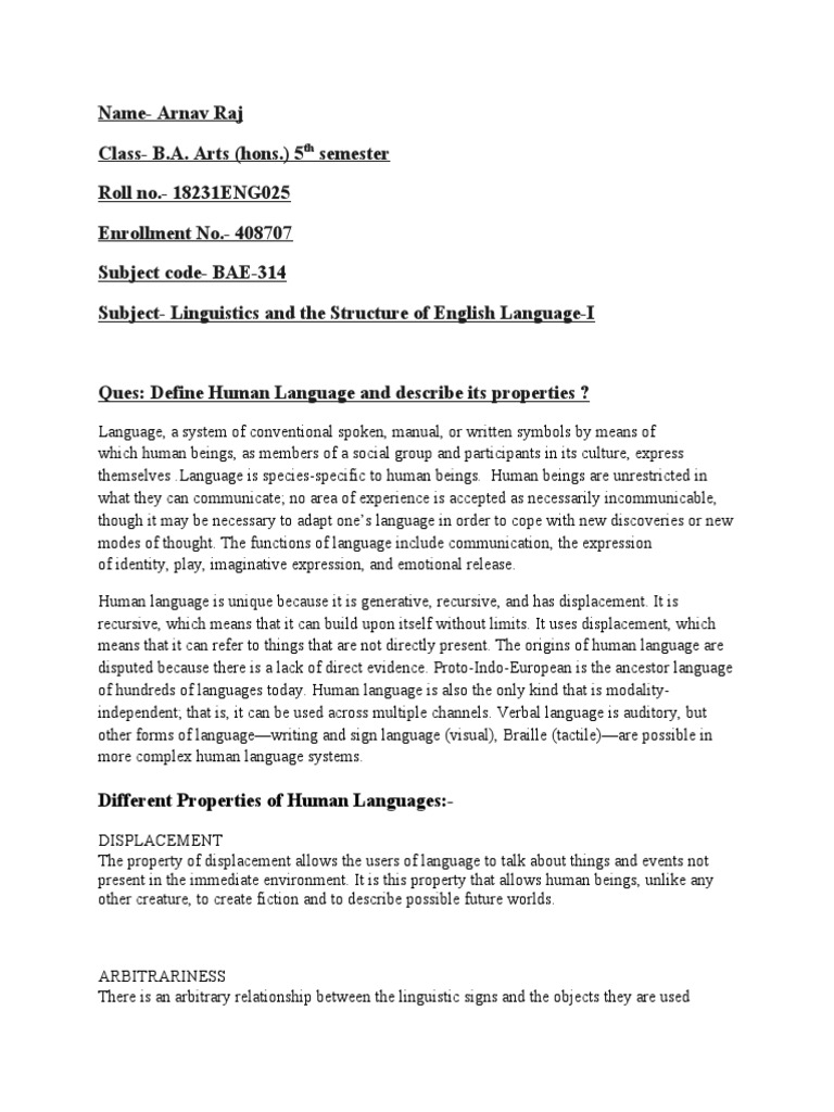 Properties and Scope of Human Language: An Analysis of the Fundamental ...