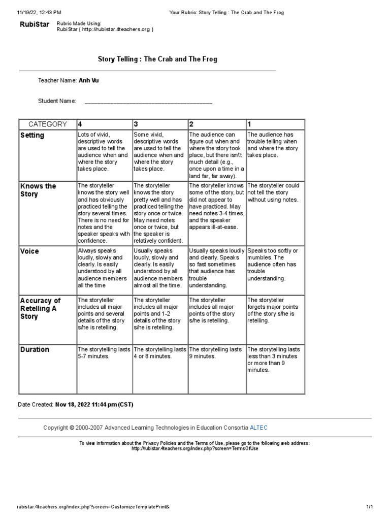 Rubric - Story Telling - The Crab and The Frog | PDF | Storytelling ...