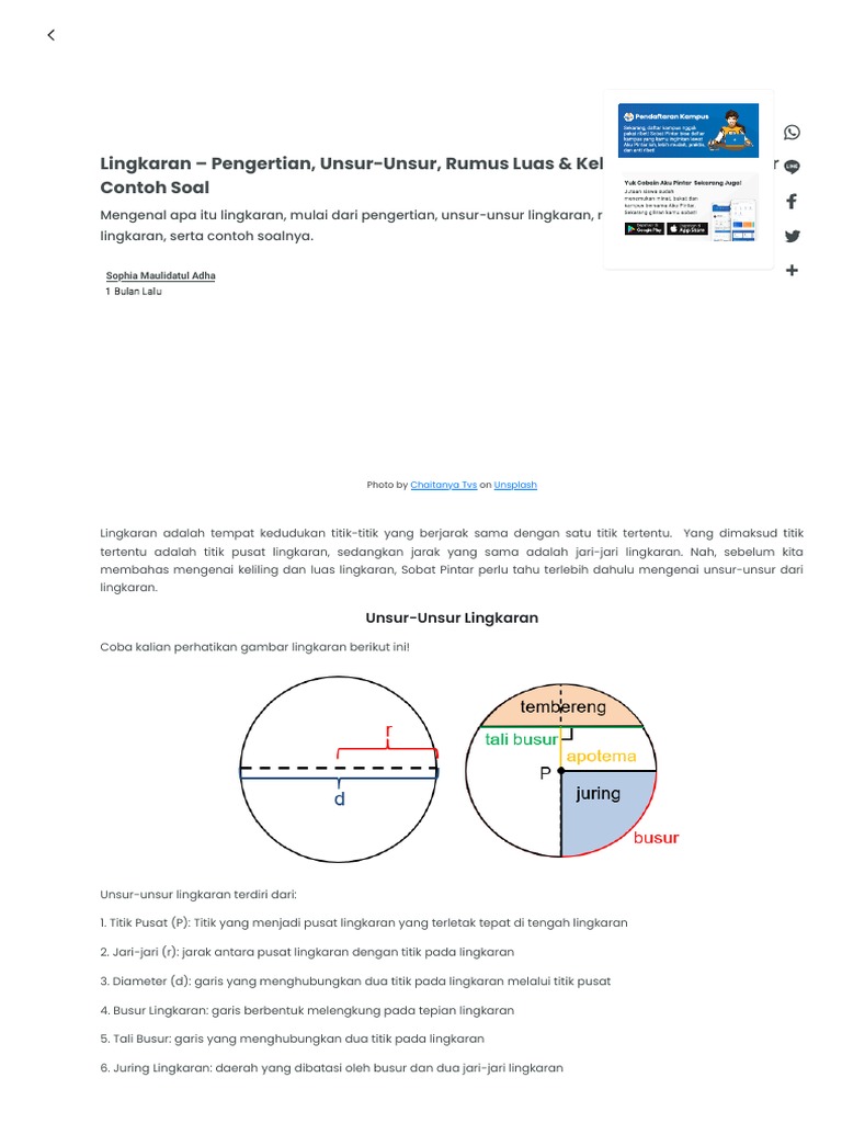 Lingkaran - Pengertian, Unsur-Unsur, Rumus Luas & Keliling Lingkaran, Dan Contoh Soal | PDF