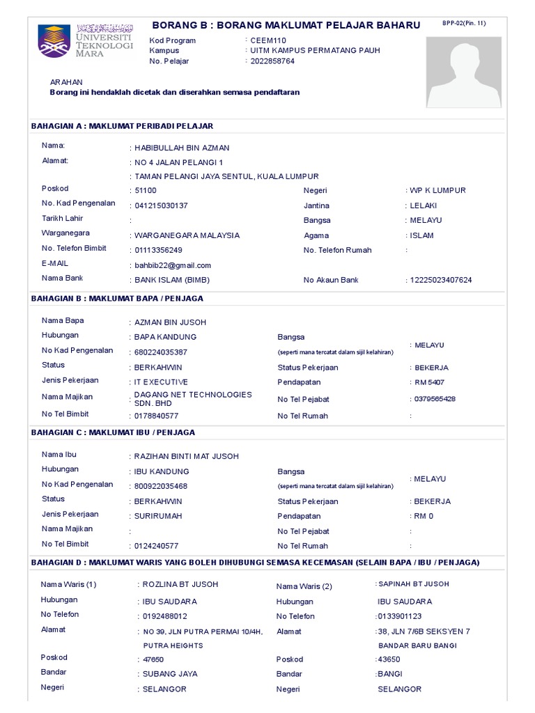 Borang Maklumat Pelajar Acc Bank Islam | PDF