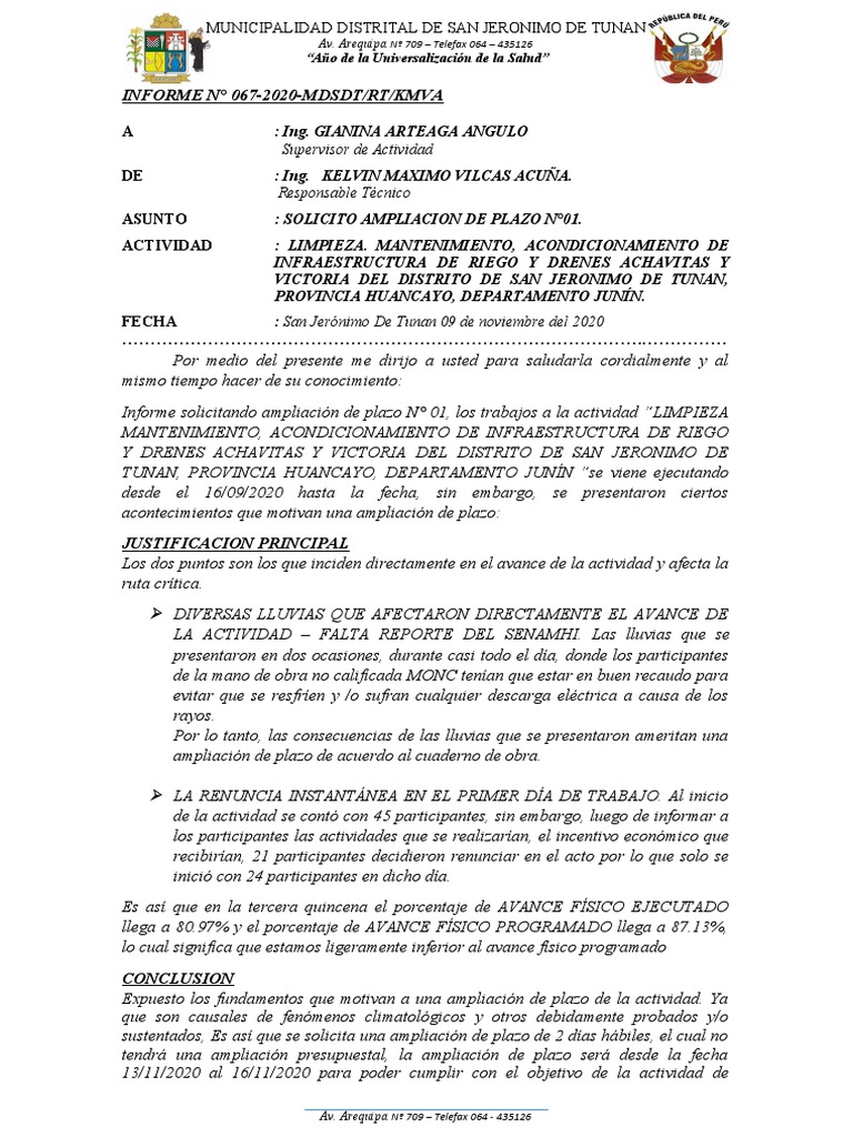 Informe Ampliacion de Plazo 01 | PDF