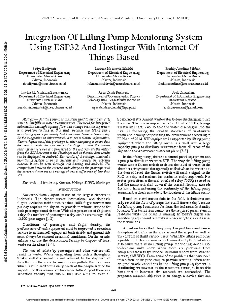 Integration of Lifting Pump Monitoring System Using ESP32 and Hostinger ...