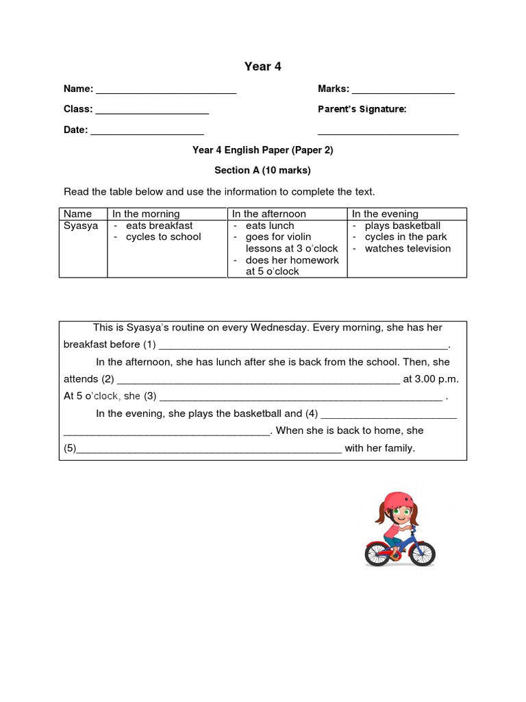 Year 4 English Paper: Routine & Crafts | PDF