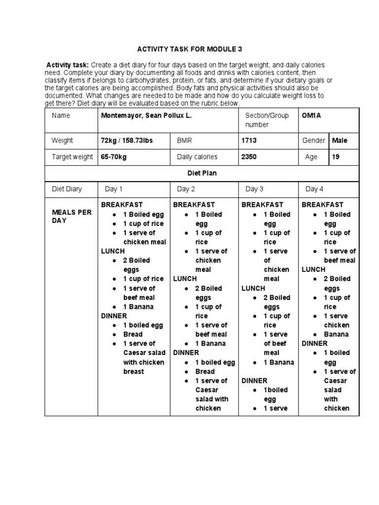 Activity Task 4 Diet Plan | PDF | Dieting | Egg As Food
