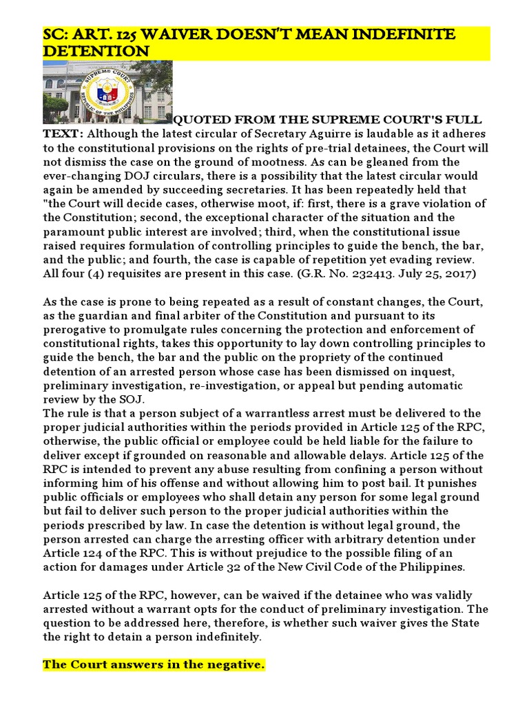 waiver of article 125 explanation. | PDF | Detention (Imprisonment ...