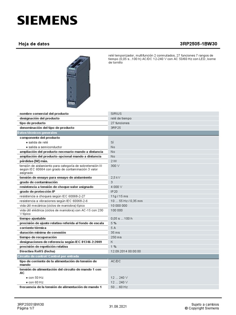 3RP25051BW30 Datasheet Es | PDF | Relé | Electricidad
