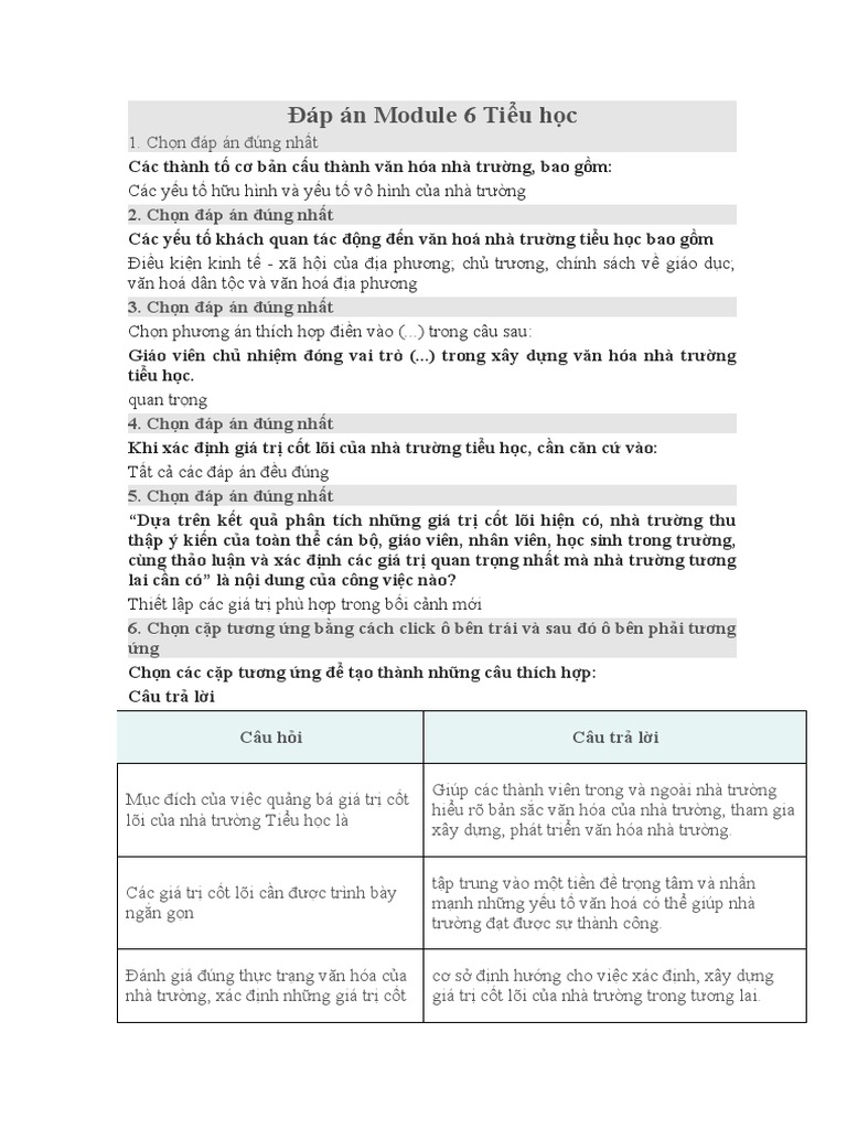 Dap An Module 6 Tieu Hoc | PDF