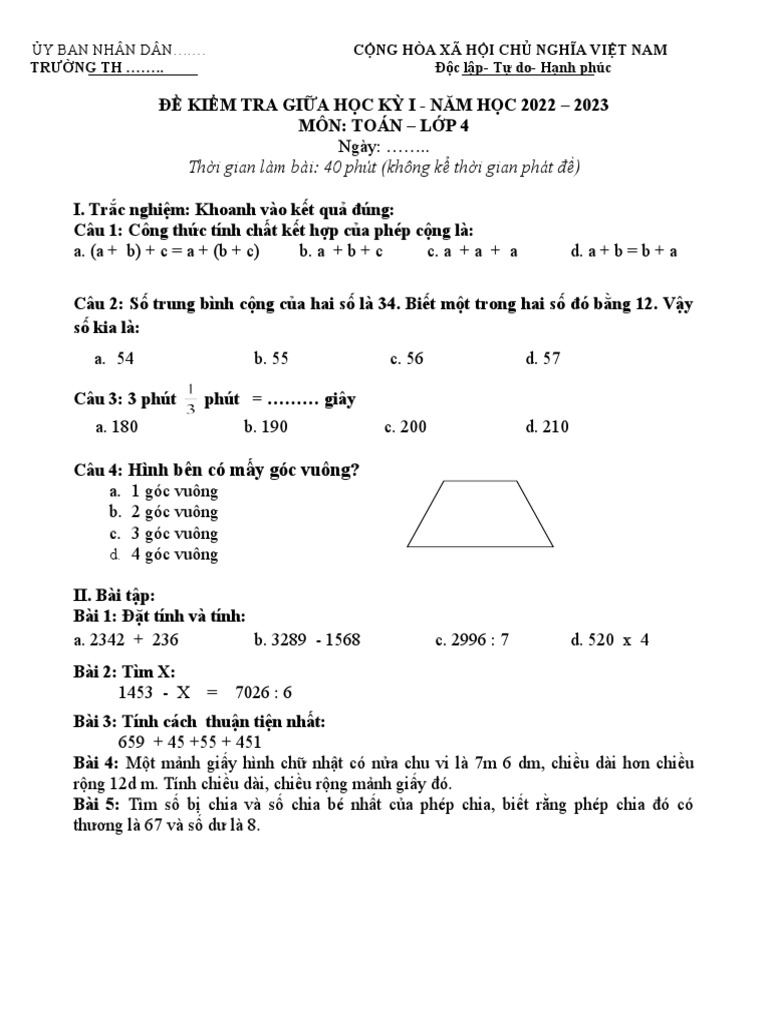 De Thi Giua Hoc Ki 1 Mon Toan Lop 4 Nam 2022 de 4 | PDF