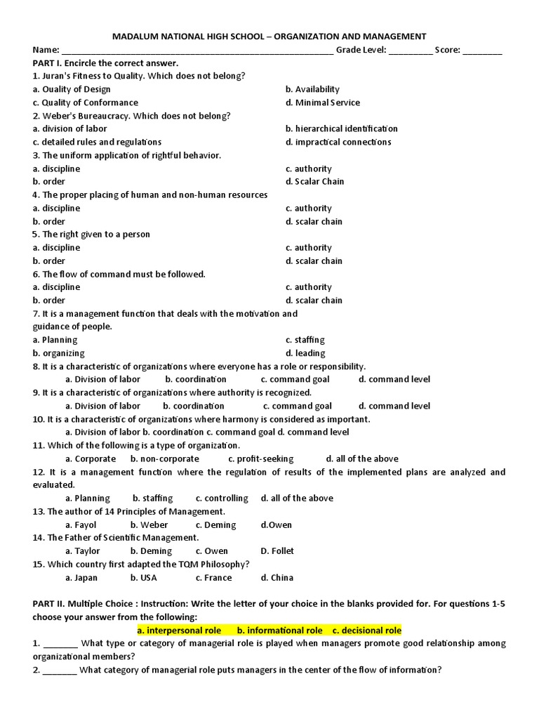 ORG First Quarter Exam | PDF
