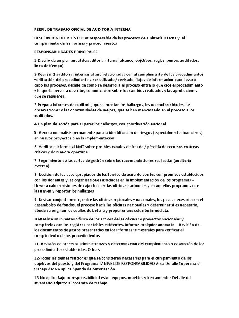 Perfil de Trabajo Oficial de Auditoría Interna | PDF | Auditoría | Business Perfil de Trabajo Oficial de Auditoría Interna | PDF | Auditoría | Business