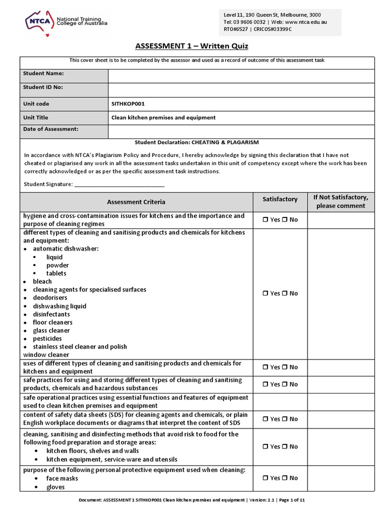 ASSESSMENT 1 SITHKOP001 Clean Kitchen Premises and Equipment | PDF ...