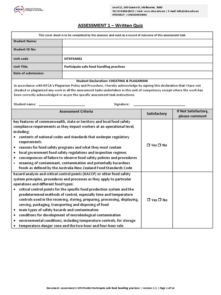Assessment 1 SITXFSA002 Participate safe food handling practices | PDF ...