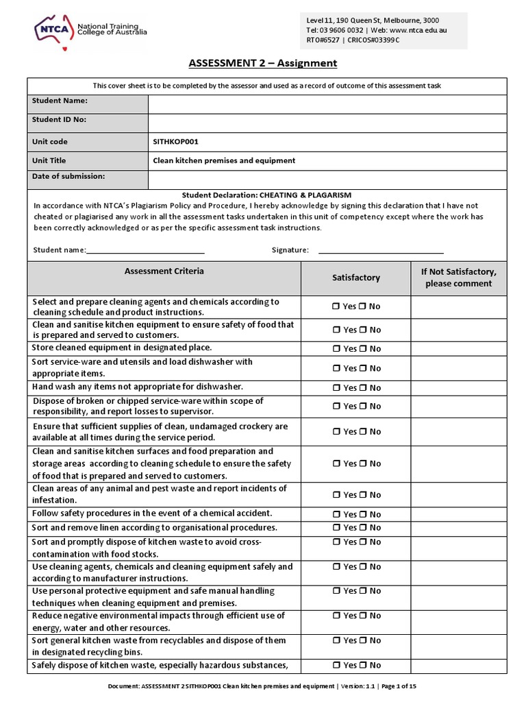 Cleaning Kitchen Premises Assessment | PDF | Recycling | Dishwasher