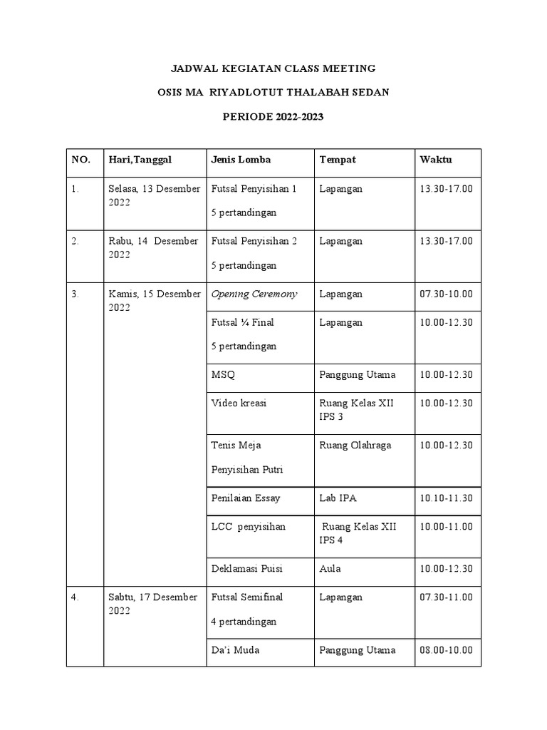 JADWAL KEGIATAN OSIS MA RIYADLOTUT THALABAH SEDAN PERIODE 2022-2023 | PDF