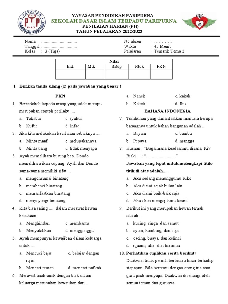 Soal Kelas 3 PH Tema 2 | PDF