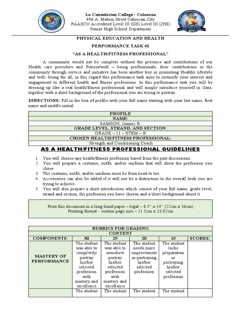 Performance Task 2 2ND Quarter 1 Enclona | PDF | Physical Fitness | Health Sciences