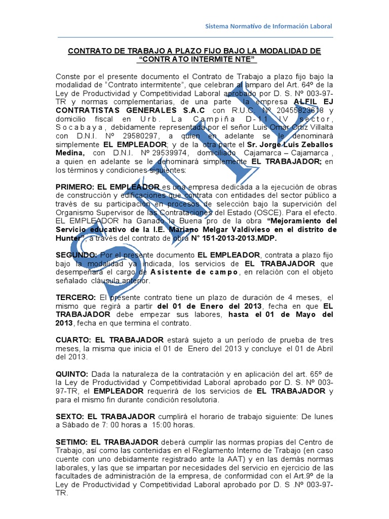 Contrato de Trabajo Intermitente | PDF | Derecho laboral | Economias