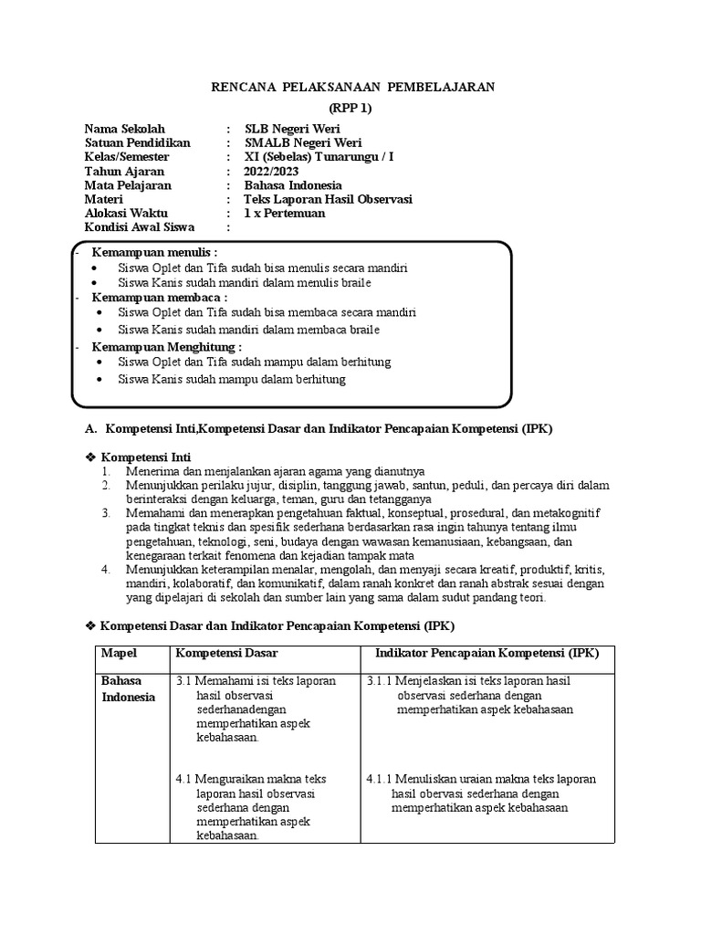 RPP Bahasa Indonesia SMALB Kelas 11 Tunarungu | PDF | Karier & Perkembangan | Sains & Matematika