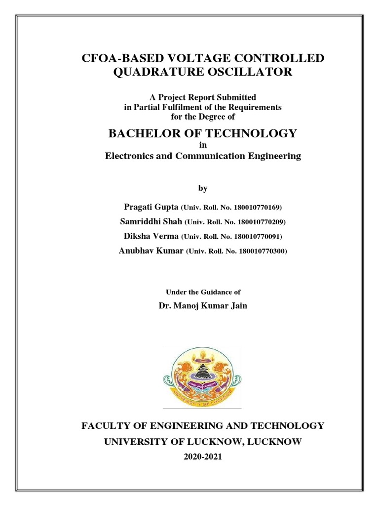 Cfoa-Based Voltage Controlled Quadrature Oscillator: Electronics and Communication Engineering ...