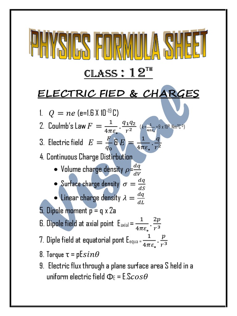 Physics Formula Sheet by Vishal | PDF | Electric Field | Mathematics