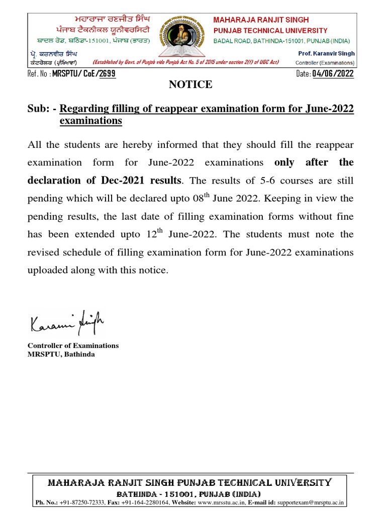 Regarding Filling of Reappear Examination Form June 2022 | PDF ...