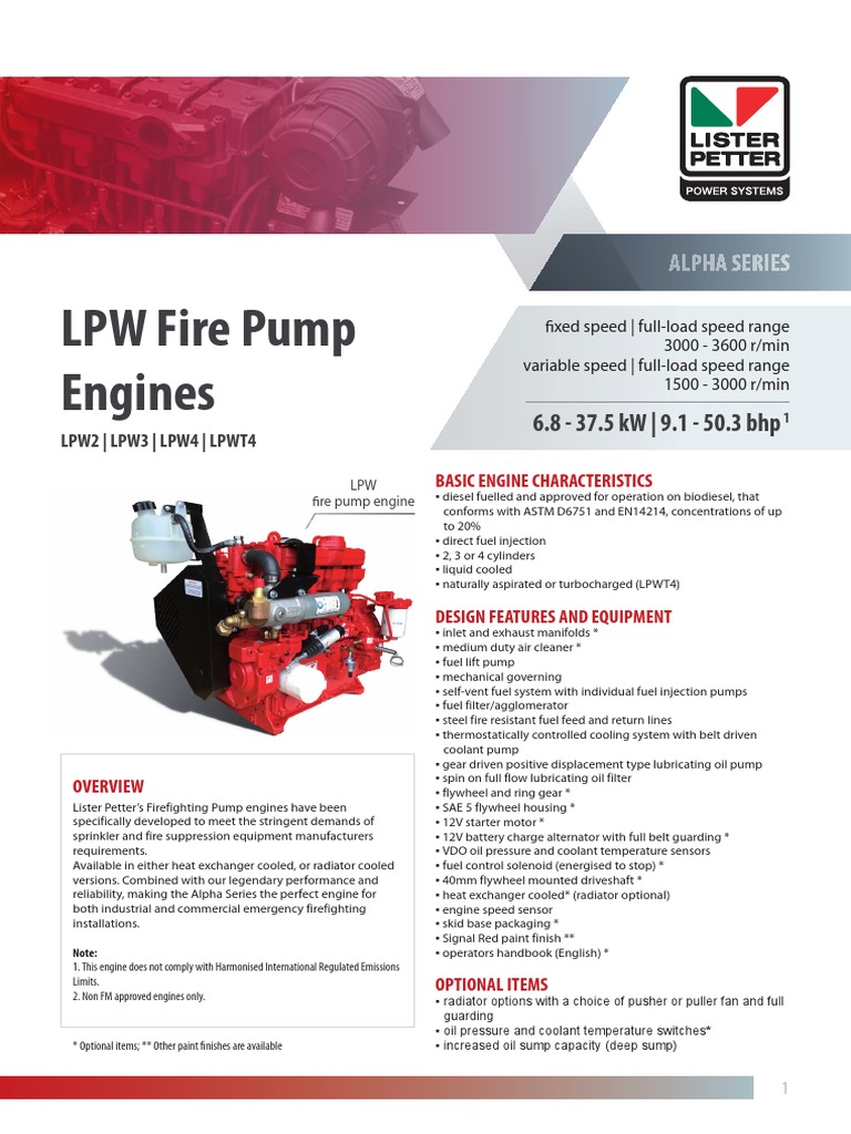 LPW Fire Pump Engines TDS | PDF | Horsepower | Pump
