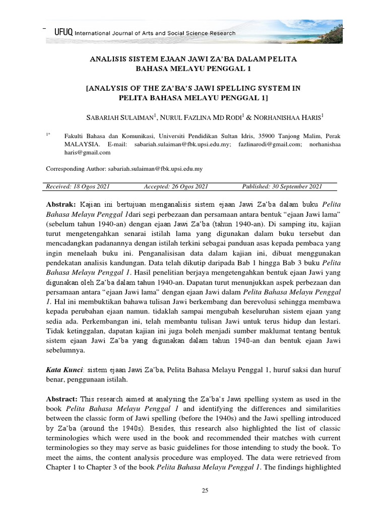 Analisis Sistem Ejaan Jawi Zaba Dalam Pelita Bahasa Melayu Penggal ...