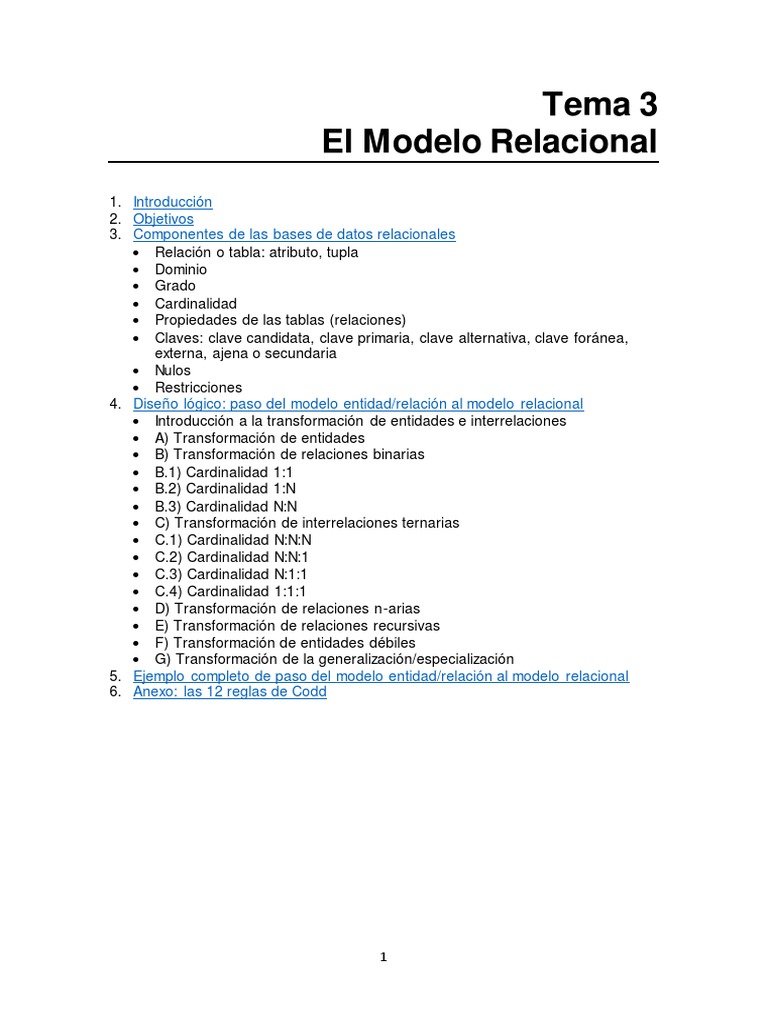 Tema 3 Modelo Relacional | PDF | Bases de datos | Base de datos relacional