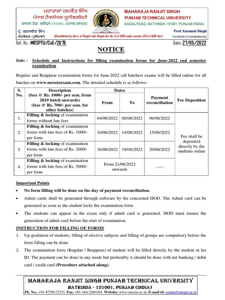 Schedule and Instructions For Filling Examination Forms For June-2022 ...