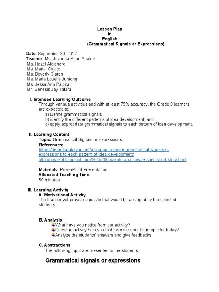 Lesson Plan in Grammatical Signals Group 5 | PDF | Question | Grammar