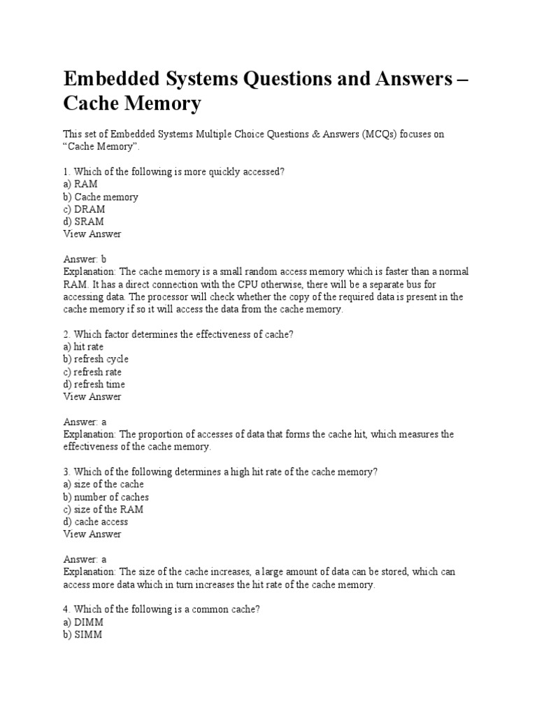 MCQs On Cache Memories | PDF | Cpu Cache | Random Access Memory