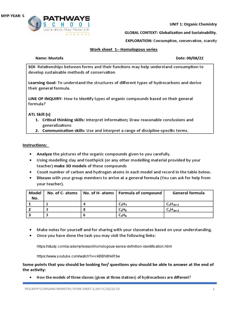 Work Sheet - 1 Homologous Series | PDF | Organic Chemistry | Chemistry