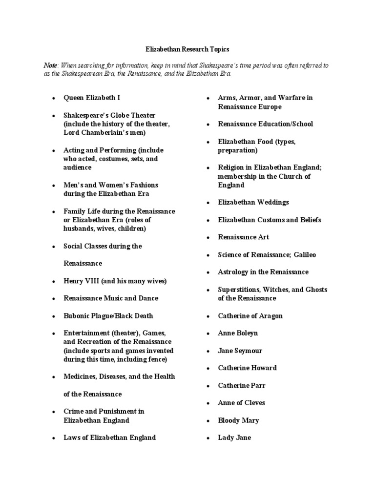 Elizabethan Research Topics Guide | PDF | Elizabethan Era | House Of Tudor