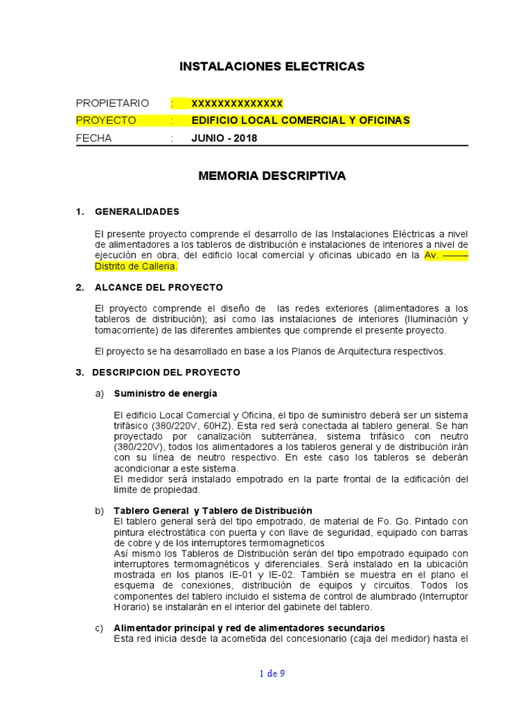 Memoria Descriptiva Instal - Electricas | PDF | Resistencia Eléctrica y Conductancia | Corriente ...