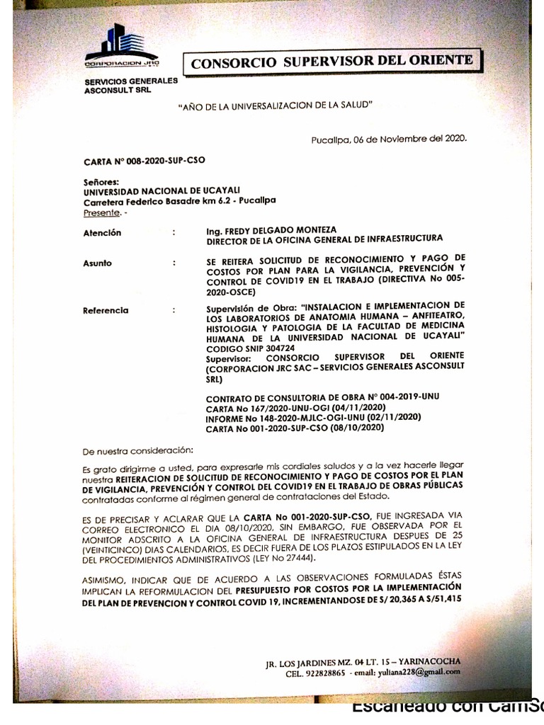 Carta - 008 - 2020 - Cso - Reitera Solicitud de Reconocimiento y Pago de Costos Por ...