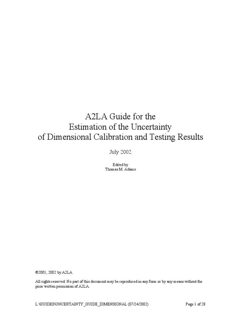 A2LA Guide Estimation Uncertainty of Dimension Calibration | PDF