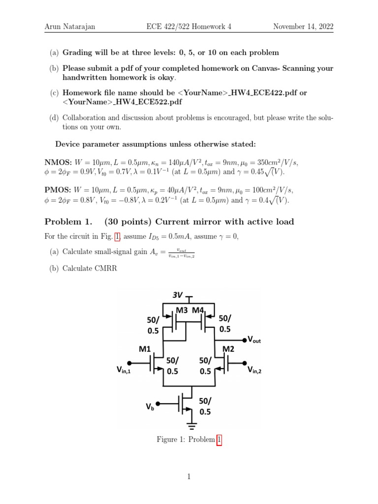 Problem 1. (30 Points) Current Mirror With Active Load: N 2 Ox 0 2 F t0 ...