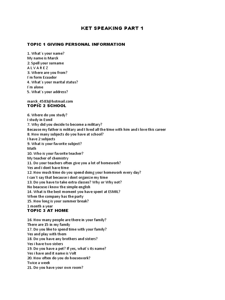 Ket Speaking Part 1 | PDF | Lunch | Food And Drink