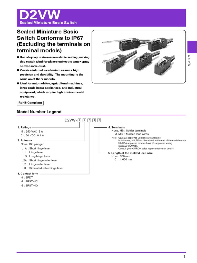 SW Miniatura Omron D2VW-5L2-1M | PDF | Switch | Electrical Connector