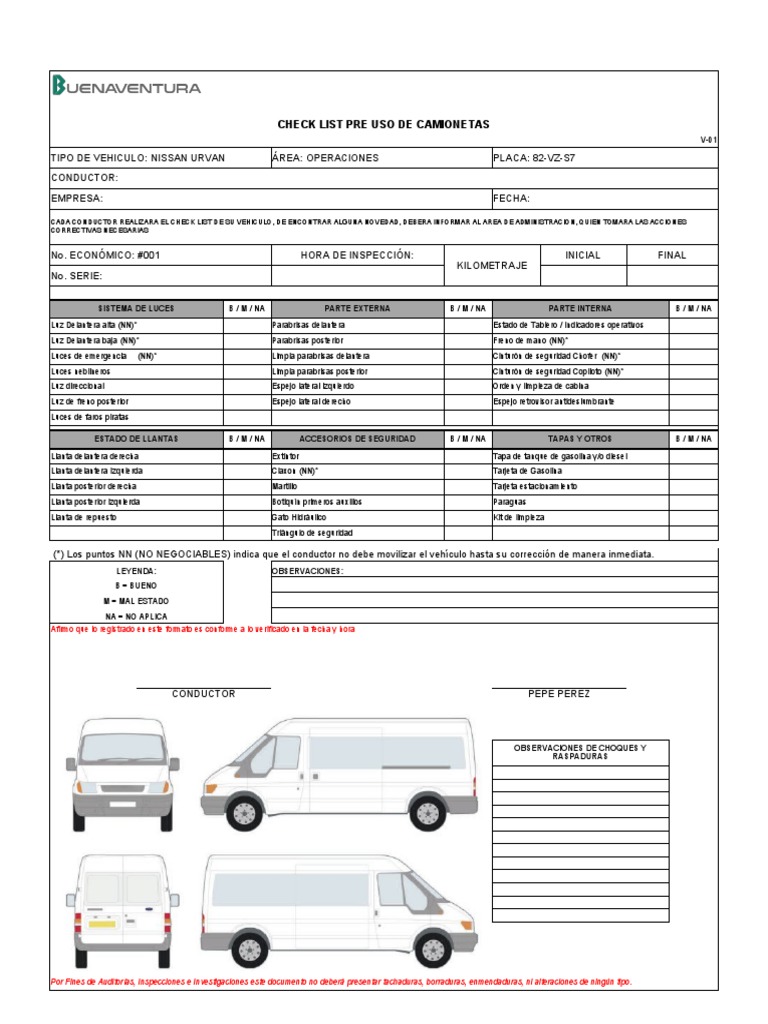 Check List Pre Uso Camionetas Urvan | PDF | Vehículos | Transporte