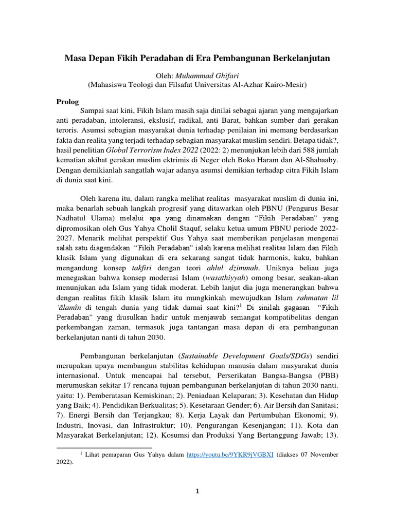 Esai - Masa Depan Fikih Peradaban Di Era Pembangunan Berkelanjutan - Muhammad Ghifari | PDF