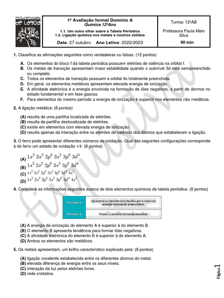 1o Teste q12 | PDF | Tabela periódica | Átomos 1o Teste q12 | PDF | Tabela periódica | Átomos