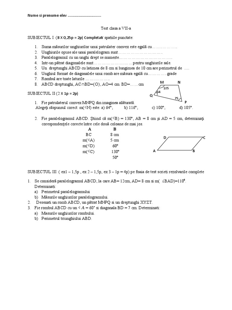 Test Clasa 7 Paralelograme Particulare | PDF