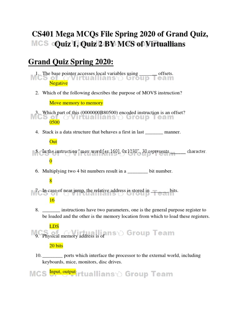 CS401 Mega MCQs File Spring 2020 by MCS of Virtuallians | PDF | Pointer (Computer Programming ...