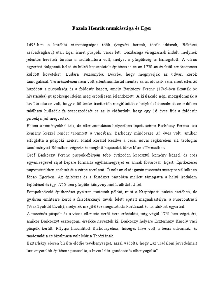Fazola Henrik Munkássága És Eger | PDF