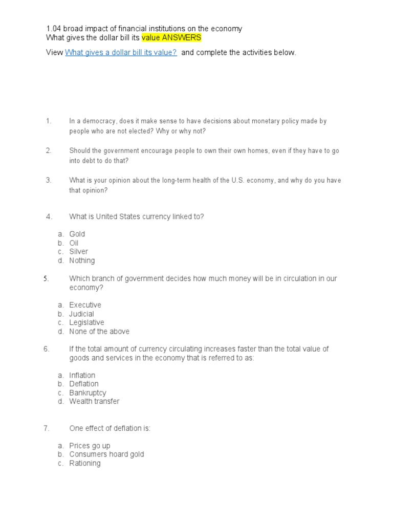 1.04 What Gives The Dollar Bill Its Value Answer Key-1 | PDF | Federal ...