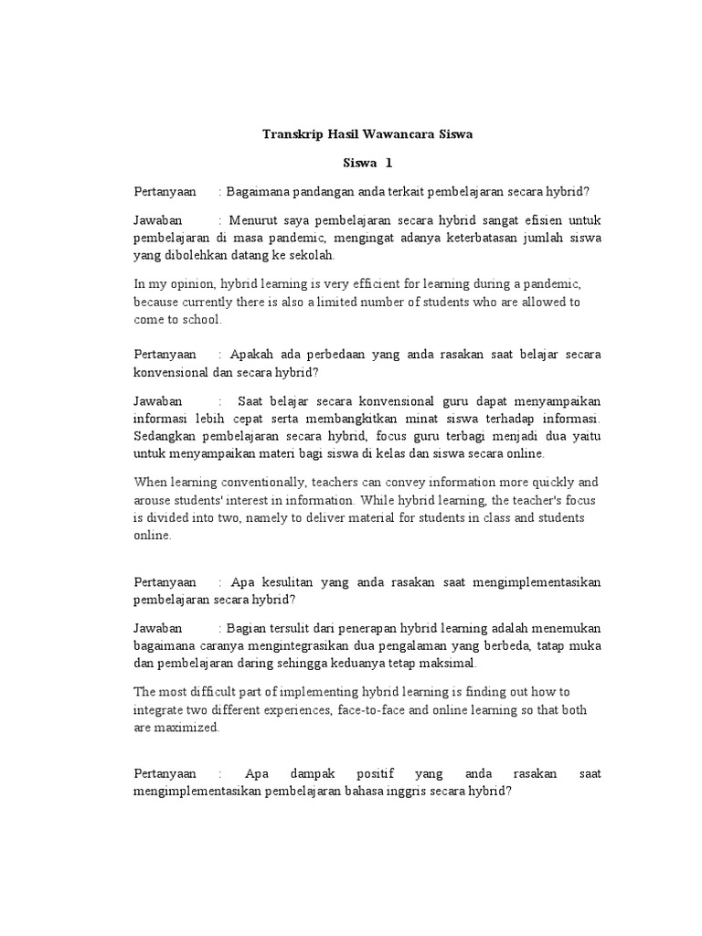 Transkrip Hasil Wawancara Siswa | PDF
