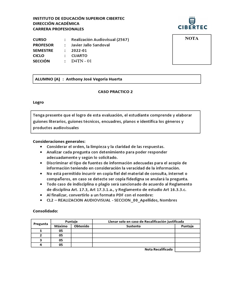 CL2 - REALIZACIÓN AUDIOVISUAL - Anthony José Vegoria Huerta | PDF